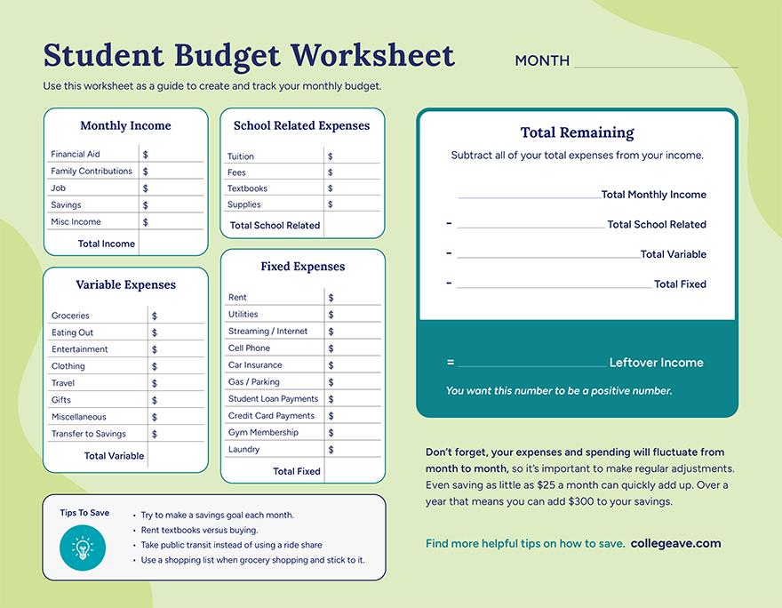 Student Budget Worksheet | College Ave
